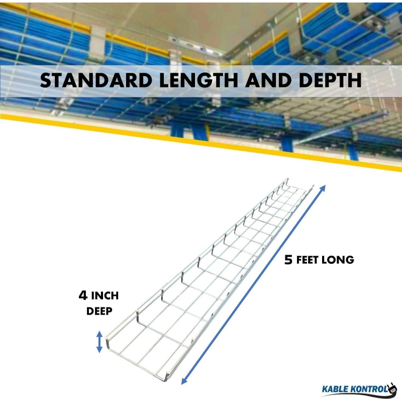 Kable Kontrol® Wire Mesh Cable Tray Straight Section - Electro-Zinc Plated Steel - 8" W x 4" D x ...